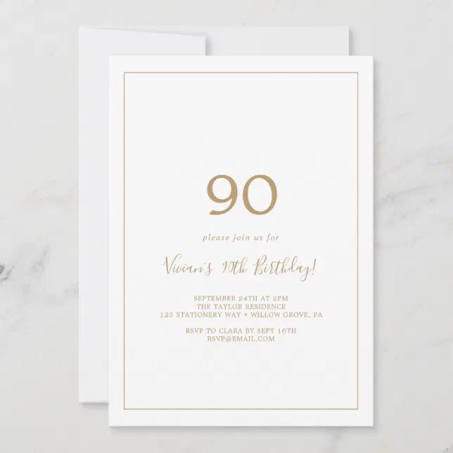 Minimalist Gold 90th Birthday Party Invitation | Zazzle