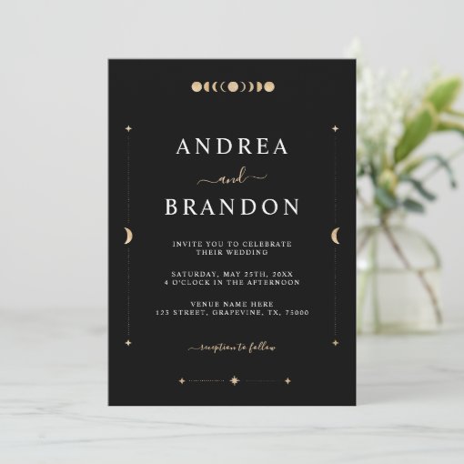 Minimalist Gold Celestial Moon All in One Wedding Invitation | Zazzle