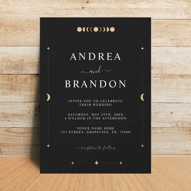 Minimalist Gold Celestial Moon All in One Wedding Invitation | Zazzle