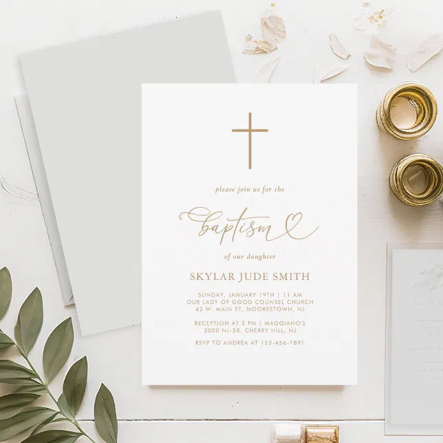 Minimalist Gold Cross Calligraphy Baptism Invitation | Zazzle