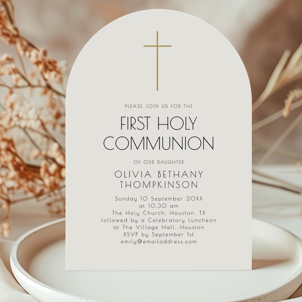 Minimalist Gold Cross First Holy Communion Invitation - Snuggle Hamster ...