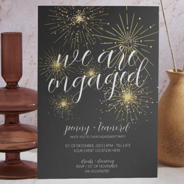 Minimalist Gold Fireworks Engagement Party Invitation | Zazzle