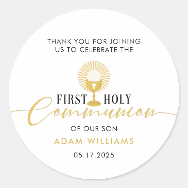 Minimalist Gold First Holy Communion Thank You Classic Round Sticker ...
