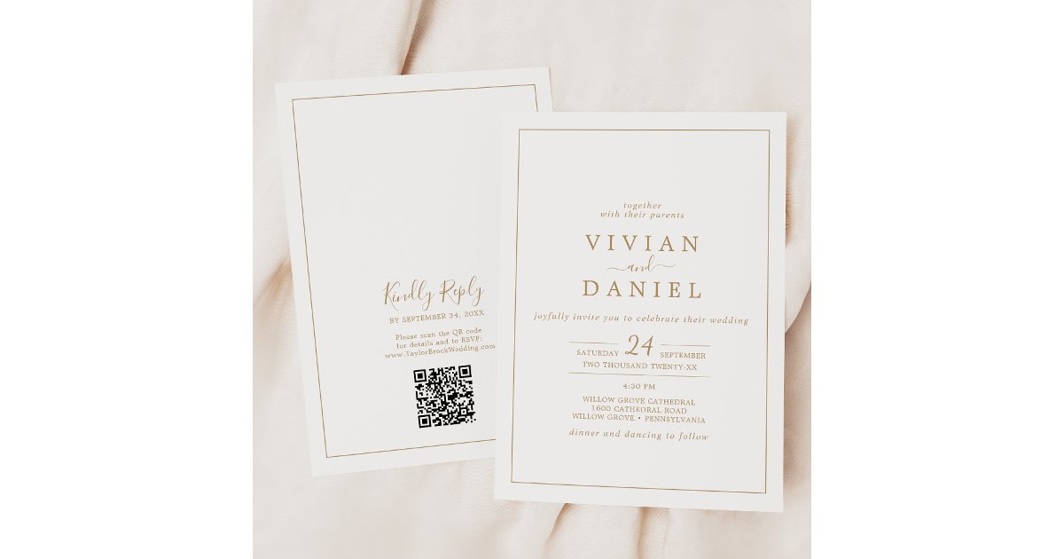 Minimalist Gold QR Code Back All In One Wedding Invitation | Zazzle
