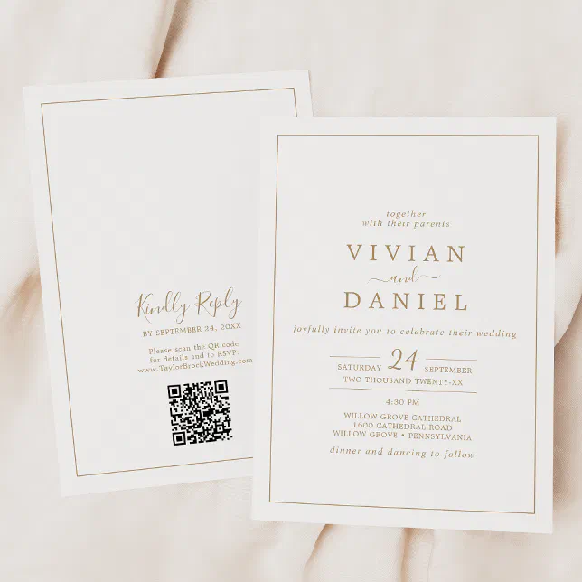Minimalist Gold QR Code Back All In One Wedding Invitation | Zazzle