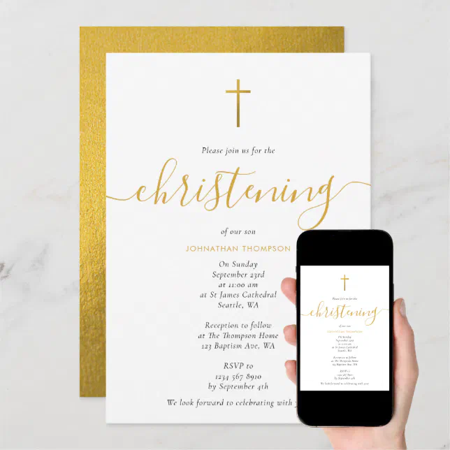 Minimalist Gold Script Baptism Christening Invitation | Zazzle