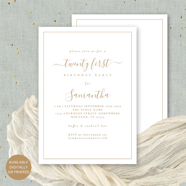 Minimalist Gold Script Border 21st Birthday Party Invitation | Zazzle