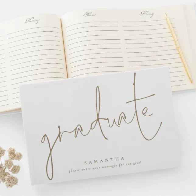Minimalist Gold Script Graduate White Graduation Guest Book | Zazzle
