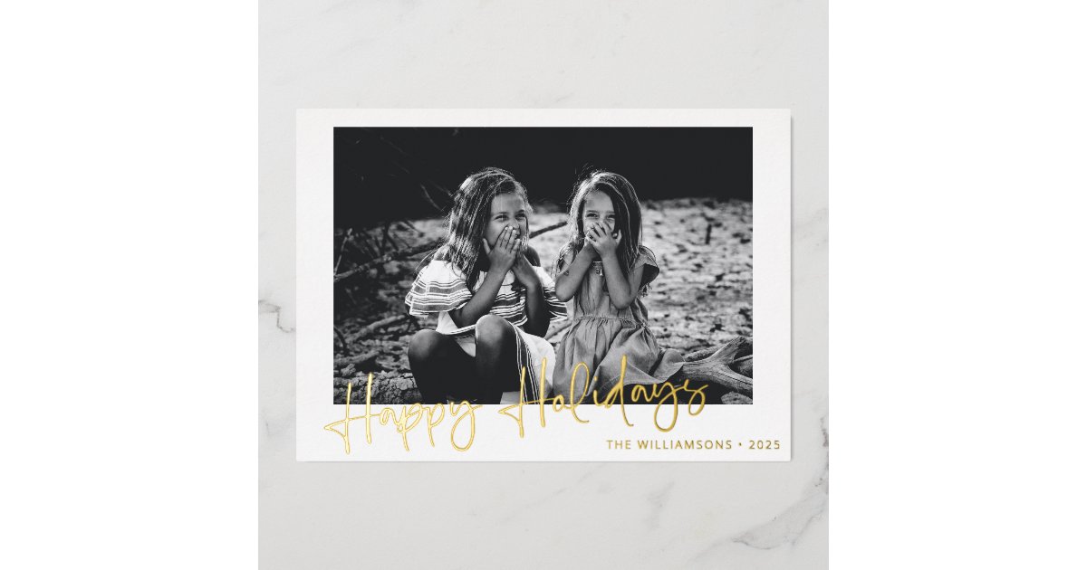 Minimalist Gold Script Typography Overlay Photo Foil Holiday Card | Zazzle