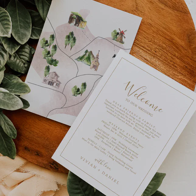 Minimalist Gold Welcome Letter Itinerary & Map | Zazzle