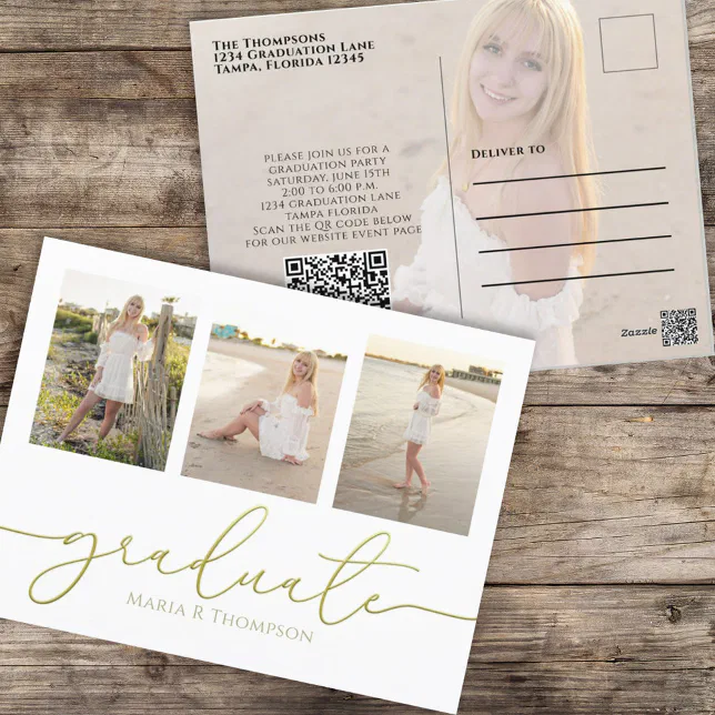 Minimalist Graduate Gold Modern Simple QR Code Postcard | Zazzle