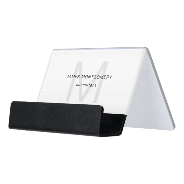Minimalist Gray Black White Monogram Desk Business Card Holder | Zazzle