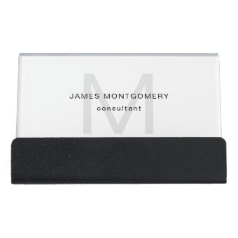 Minimalist Gray Black White Monogram Desk Business Card Holder | Zazzle