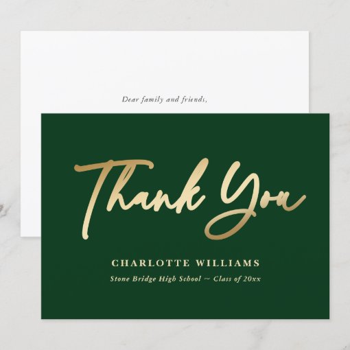 Minimalist Green and Gold Foil Graduation Thank You Card | Zazzle