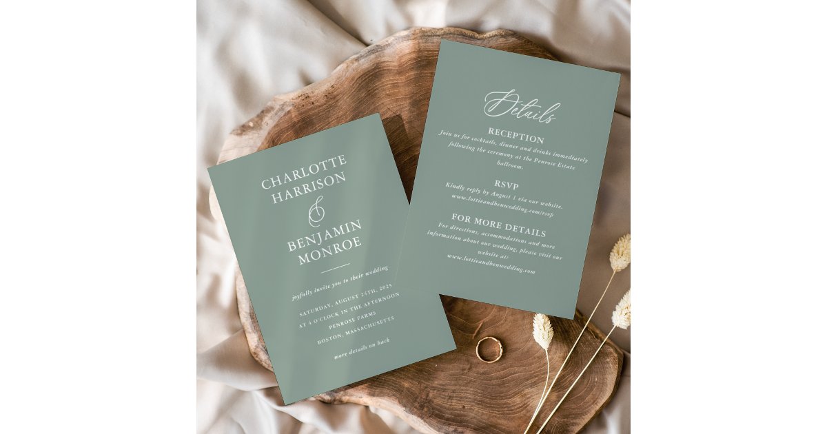 Minimalist Green Double-Sided Wedding Invitation | Zazzle