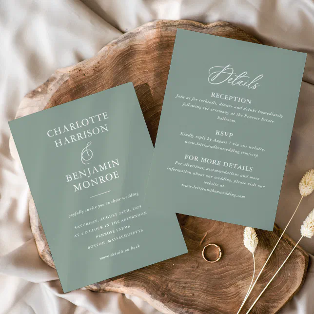 Minimalist Green Double-Sided Wedding Invitation | Zazzle