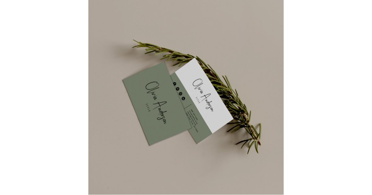 Minimalist Green Neutral Script Boho Chic Modern Business Card | Zazzle
