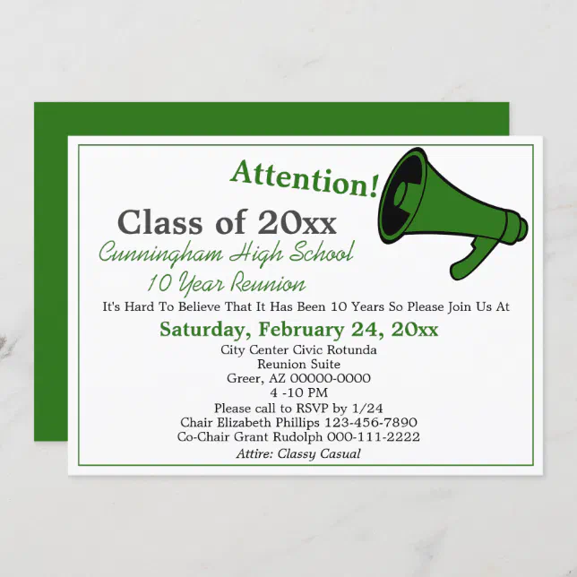Minimalist Green White High School Class Reunion Invitation | Zazzle