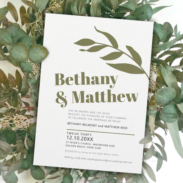 Minimalist green white olive leaves wedding invitation | Zazzle
