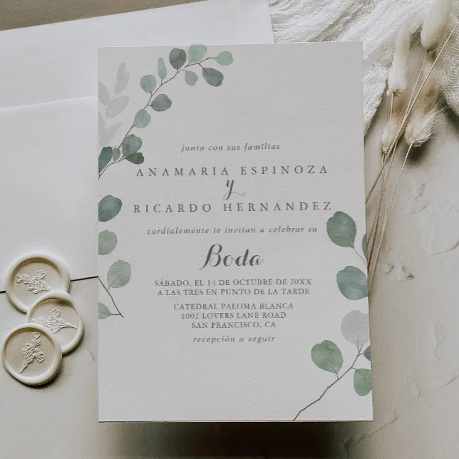 Minimalist Greenery Eucalyptus Spanish Wedding Invitation | Zazzle