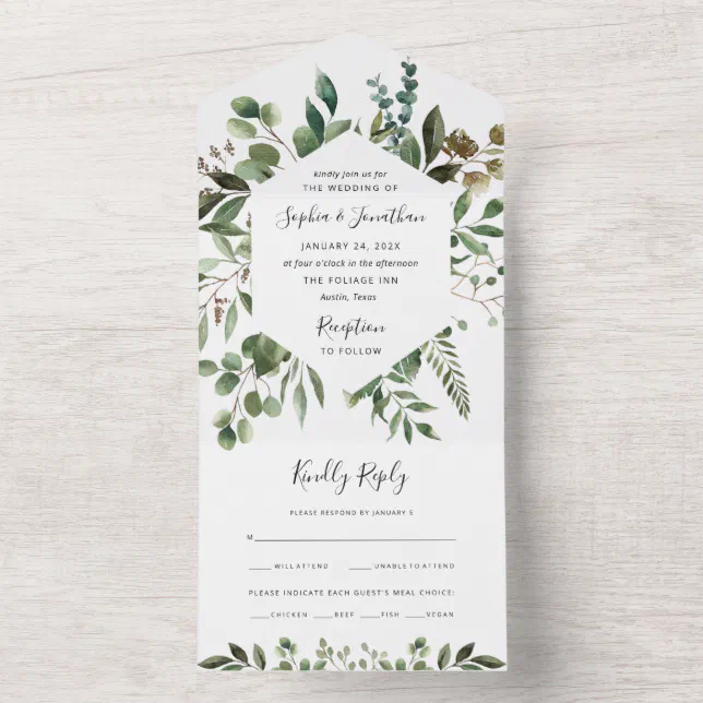 Minimalist Greenery | Simple Rustic Wedding All In One Invitation | Zazzle