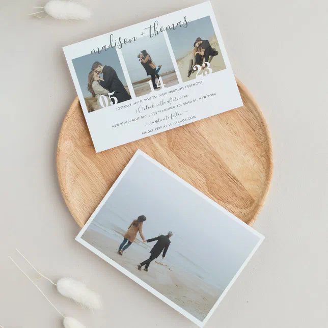 Minimalist Grey Script with photo collage wedding Invitation | Zazzle
