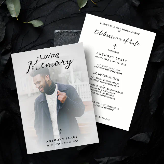 Minimalist Grey Transparency Overlay Photo Funeral Invitation | Zazzle