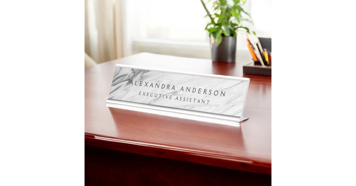 Minimalist Grey White Marble Professional Desk Name Plate | Zazzle