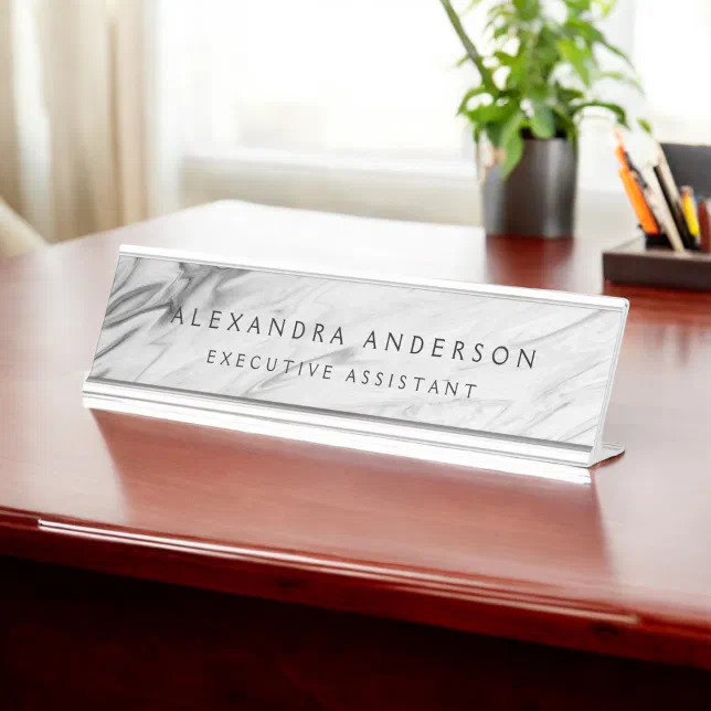 Minimalist Grey White Marble Professional Desk Name Plate | Zazzle