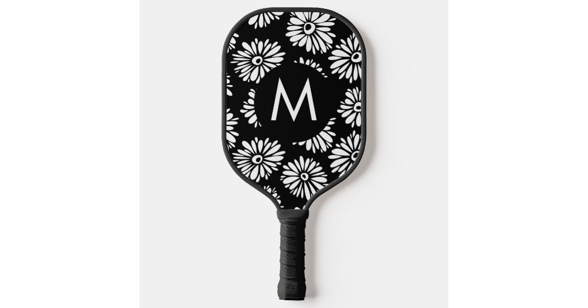 Minimalist Groovy Black and White Daisy Monogram Pickleball Paddle | Zazzle
