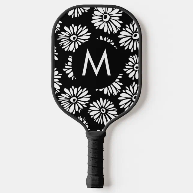 Minimalist Groovy Black and White Daisy Monogram Pickleball Paddle | Zazzle