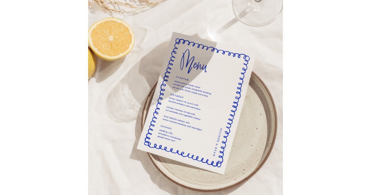 Minimalist Handwritten Blue French Wedding Menu | Zazzle
