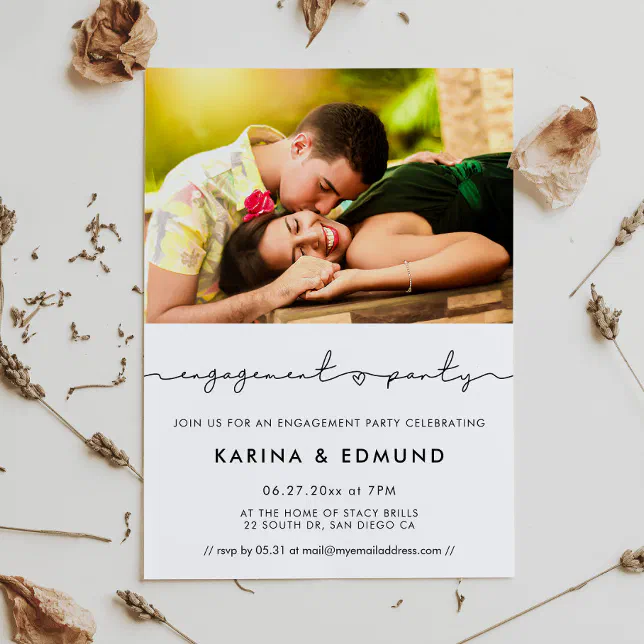 Minimalist handwritten engagement party photo invitation | Zazzle