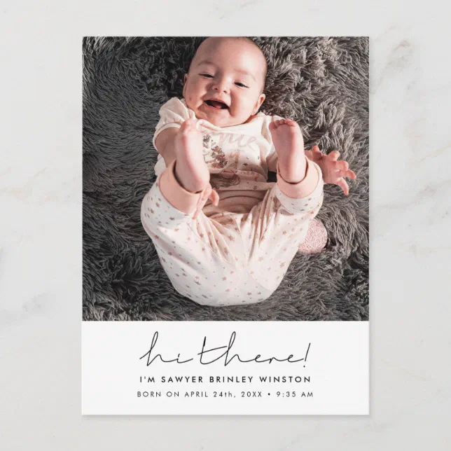 Minimalist handwritten Hi there new baby photo Postcard | Zazzle