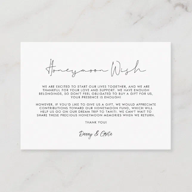 Minimalist handwritten Honeymoon wish Enclosure Card | Zazzle