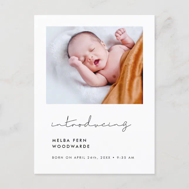 Minimalist handwritten Introducing new baby photo Postcard | Zazzle