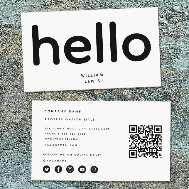 Minimalist Hello QR Code Social Media Icons Business Card | Zazzle