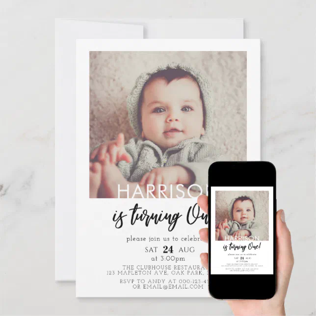 Minimalist He's Turning One Photo 1st Birthday Invitation | Zazzle
