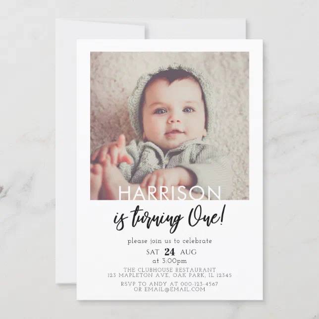 Minimalist He's Turning One Photo 1st Birthday Invitation | Zazzle