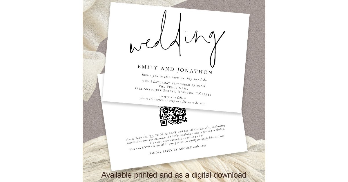Minimalist Informal Script QR Code Wedding Invitation | Zazzle
