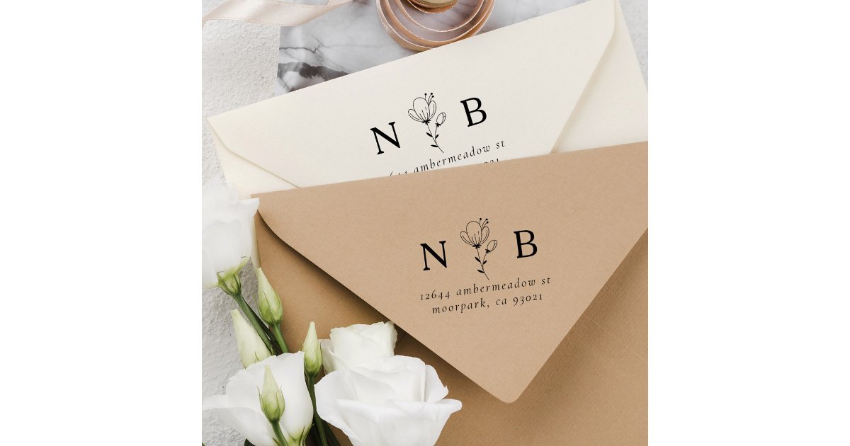 Minimalist Initials Floral Couple Return Address Rubber Stamp | Zazzle