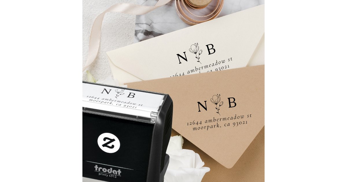 Minimalist Initials Floral Couple Return Address Self-inking Stamp | Zazzle