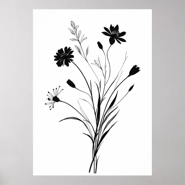 Minimalist Ink Wildflowers black and white flower Poster | Zazzle