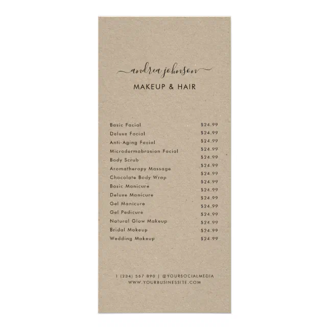 Minimalist Kraft Style Services Menu Price List | Zazzle