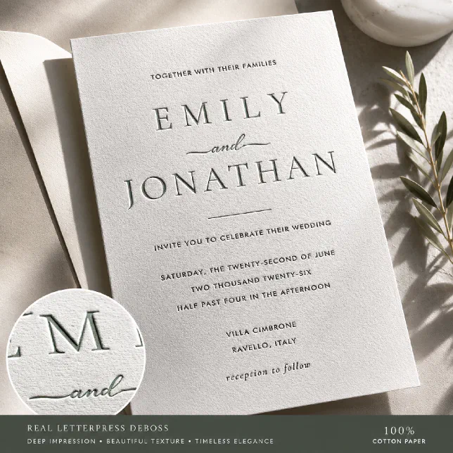 Minimalist Letterpress Wedding Invitation | Zazzle