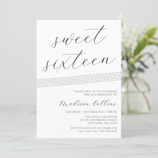 Minimalist Lines Black White Sweet 16 Invitation | Zazzle