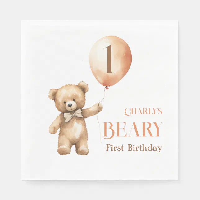 Minimalist Little Bear Beige Beary 1st Birthday Napkins | Zazzle