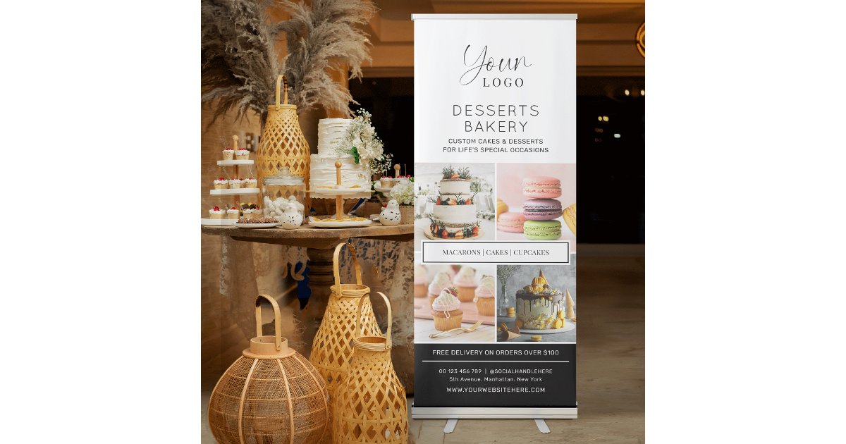 Minimalist Logo Photo Collage Business Bakery Retractable Banner | Zazzle