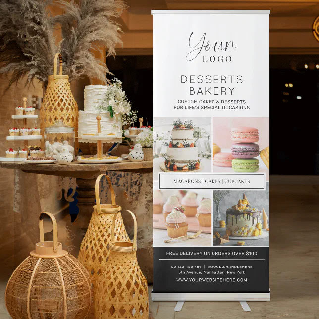 Minimalist Logo Photo Collage Business Bakery Retractable Banner | Zazzle