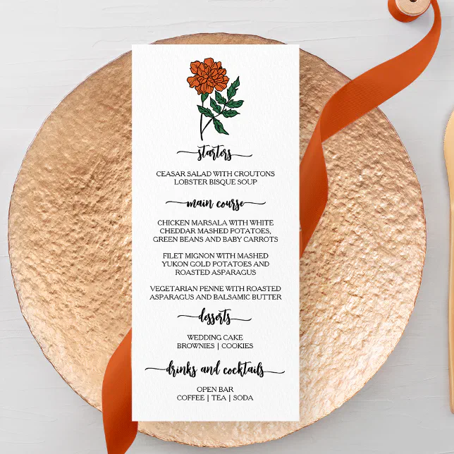 Minimalist Marigold Wedding Menu | Zazzle
